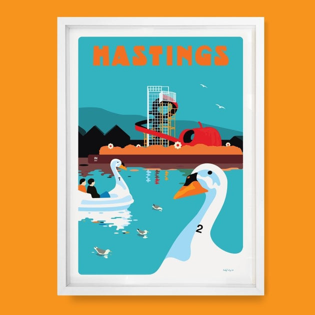 Hastings Swan Pedalos Poster | Limited Edition Art Print by Andy Tuohy ...